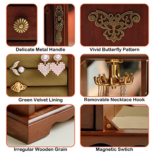 Kendal Wooden Jewelry Box for Women, Solid Jewelry Organizer With 5 Drawer, Wood Jewelry Case with Butterfly Pattern & Mirror for Necklaces, Earring, Rings (Brown with 5 drawer)