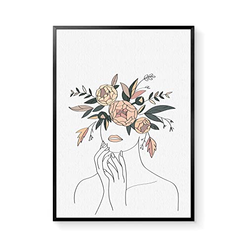 GXOBOCX Canvas Wall Art Modern Abstract Art Blossom on Woman Face Prints Artwork Minimalist Line Art for Living Room Bathroom Decor (Black Framed,16x22 inches)