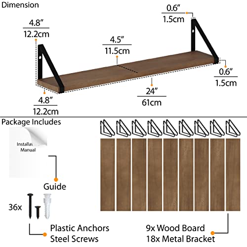 Wallniture Ponza Floating Shelves, Bookshelf for Living Room Decor, Kitchen Organization, Wall Shelves, Dining Room & Office Wall Decor, Walnut 24"x4.5" Set of 9