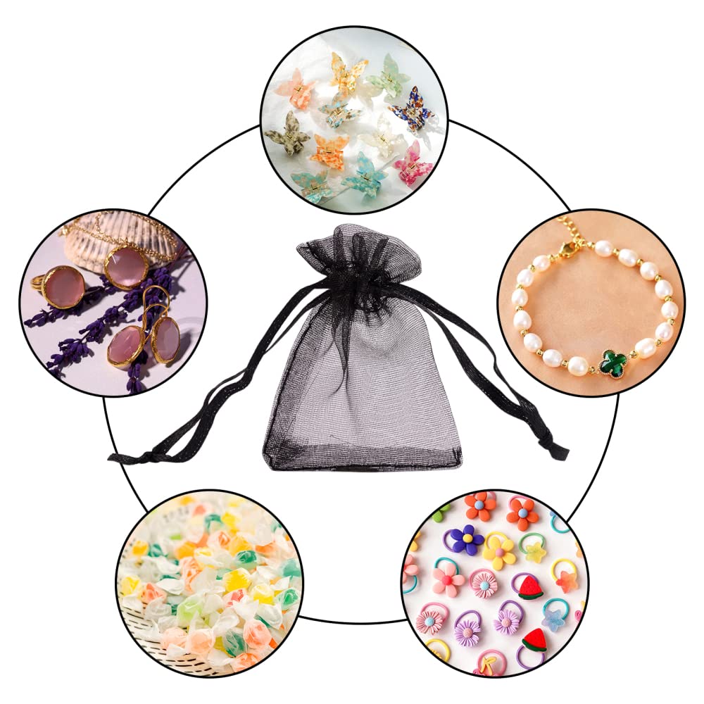 Pandahall 100pcs Black Organza Bags Mini Pouch Bags Drawstring Gift Bags Jewelry Package with Ribbons (1.96x2.75")(5x7cm)