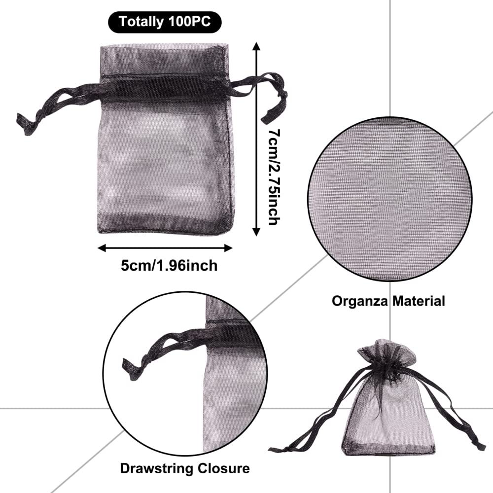 Pandahall 100pcs Black Organza Bags Mini Pouch Bags Drawstring Gift Bags Jewelry Package with Ribbons (1.96x2.75")(5x7cm)