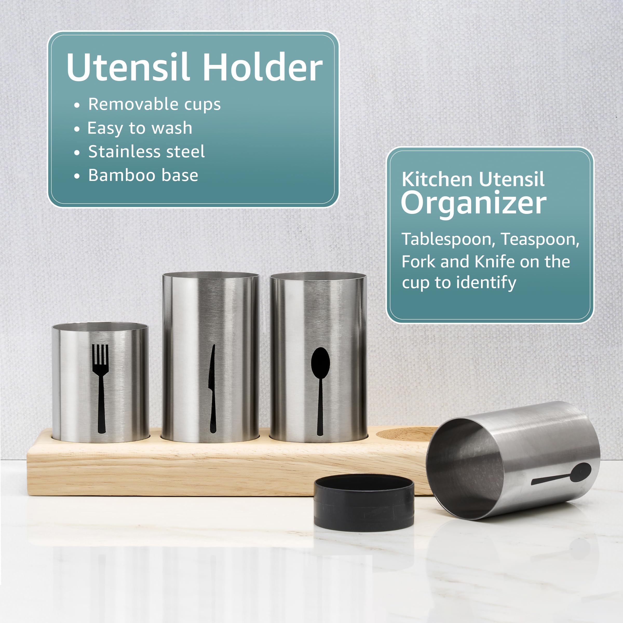 Sorbus Silverware Holder with Caddy for Spoons, Knives Forks, etc — Ideal for Kitchen, Dining, Entertaining, Buffet, Picnic, and More — Stainless Steel with Bamboo Wood Base