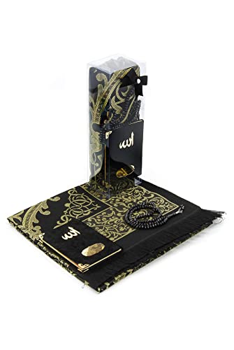 ihvan online Taffeta Fabric Muslim Prayer Rug & Velvet Covered Yaseen Surah Pocket-Size Book & Prayer Beads Set with Special Transparent Boxed, Perfect Islamic Ramadan Eid Gifts, Black