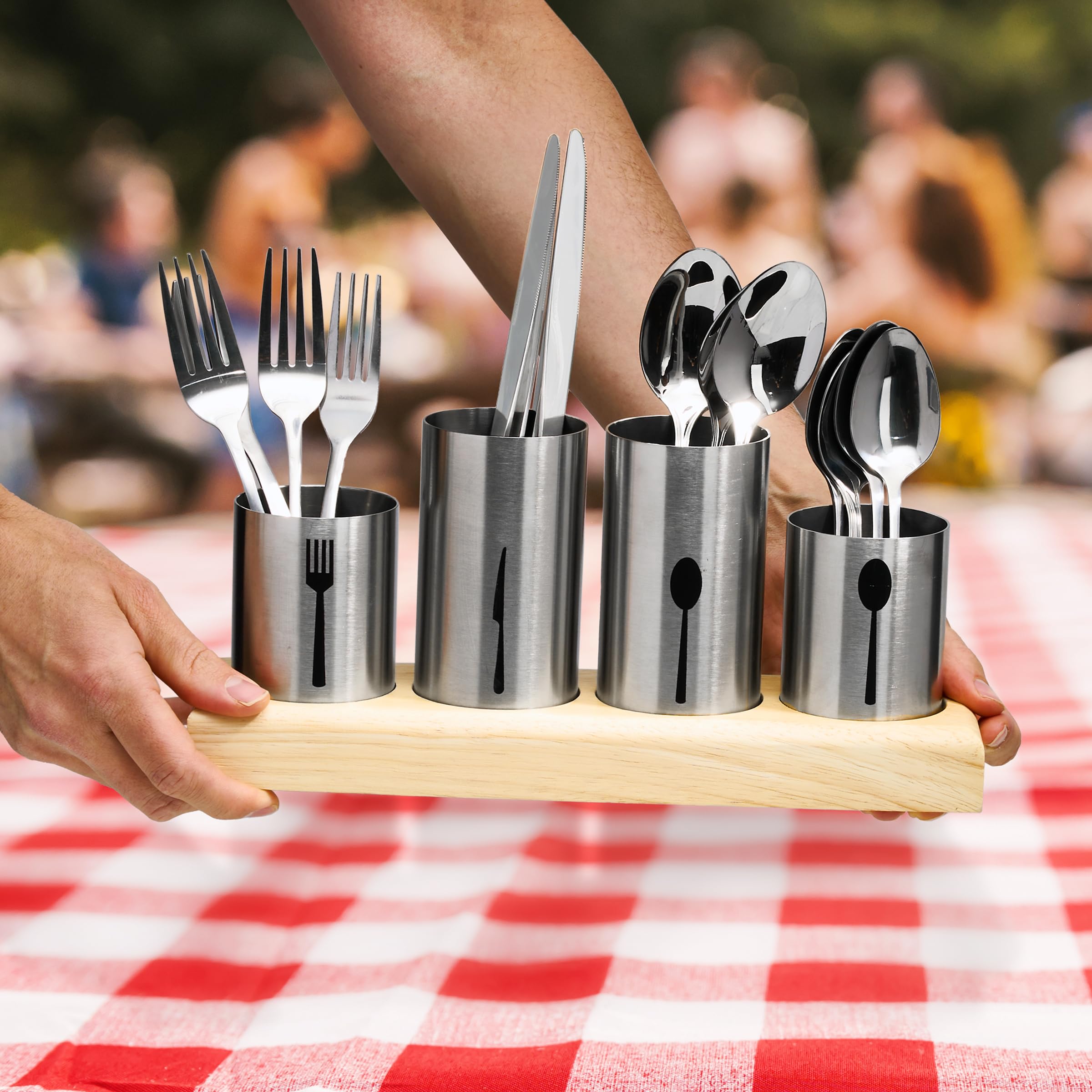 Sorbus Silverware Holder with Caddy for Spoons, Knives Forks, etc — Ideal for Kitchen, Dining, Entertaining, Buffet, Picnic, and More — Stainless Steel with Bamboo Wood Base
