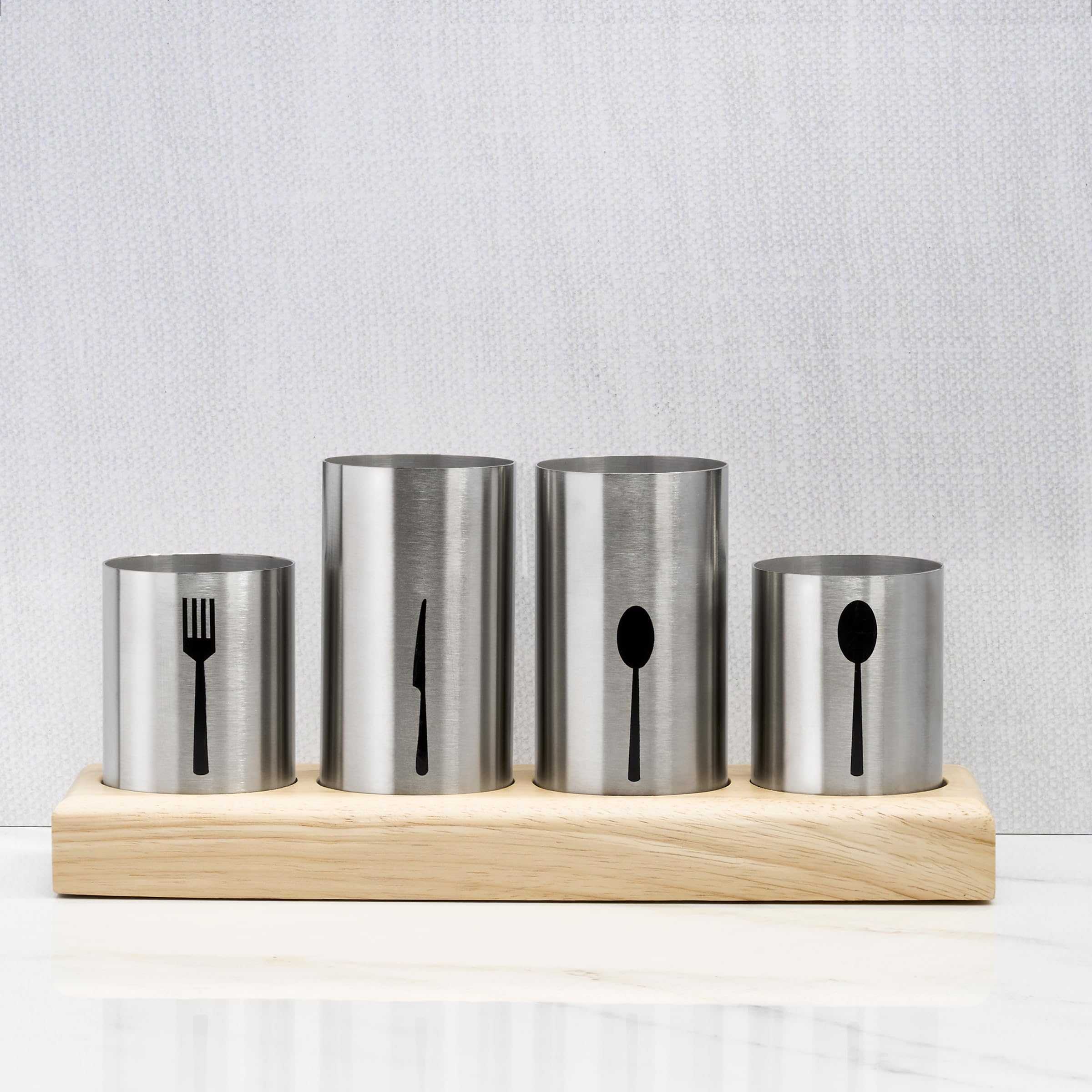 Sorbus Silverware Holder with Caddy for Spoons, Knives Forks, etc — Ideal for Kitchen, Dining, Entertaining, Buffet, Picnic, and More — Stainless Steel with Bamboo Wood Base