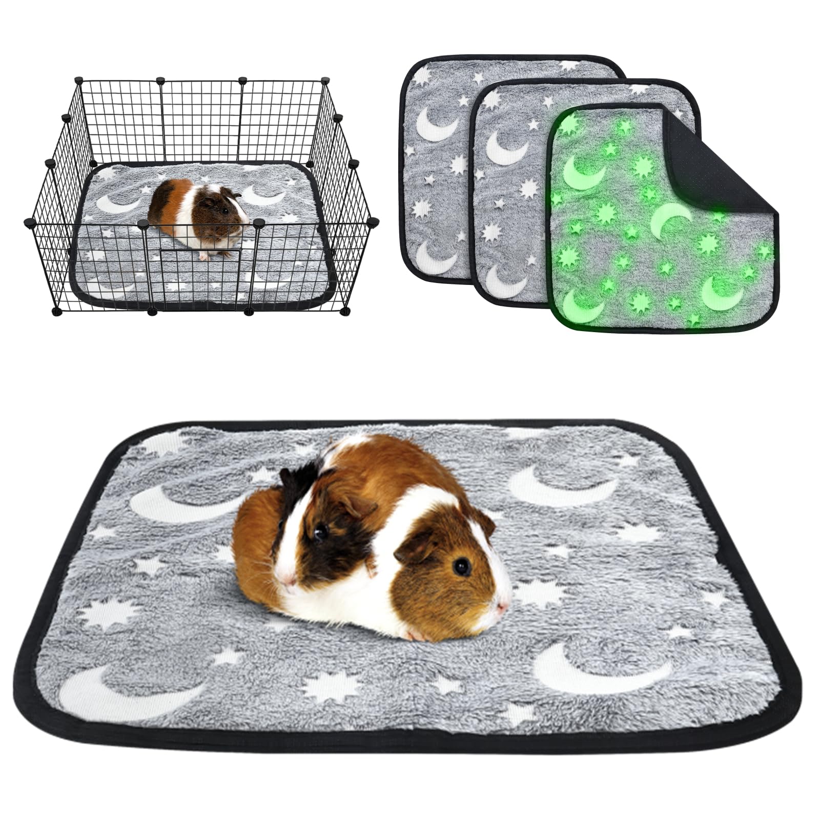 3PCS Guinea Pig Bedding Glow in Dark Small Pet Warm Liners Washable Hamster Bedding Pads, Absorbent & Anti Slip Rat Dragon Luminous Bedding Playing Mats for Small Animals, 14 inch