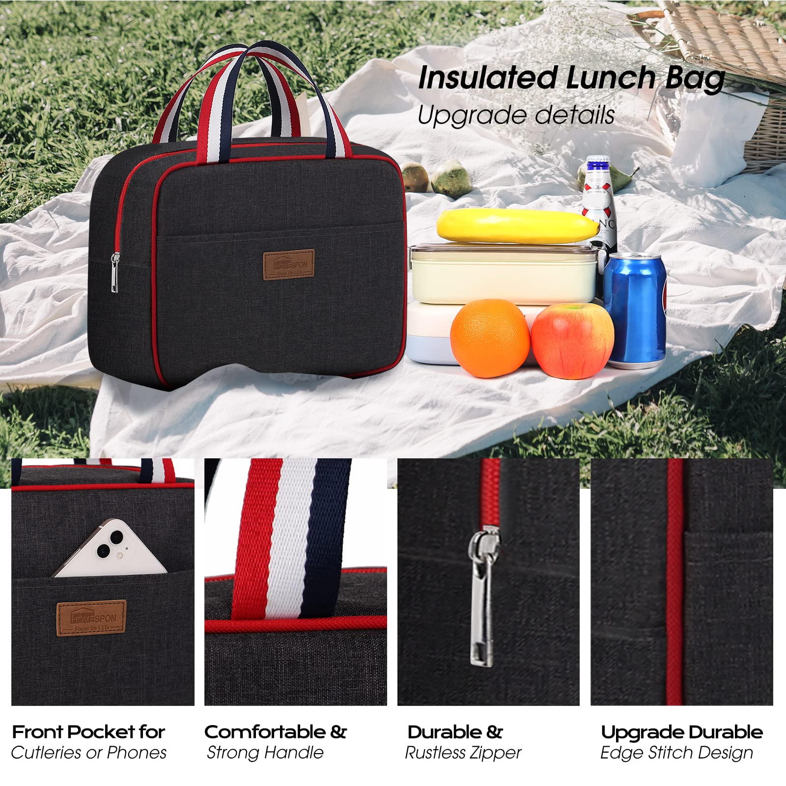HOMESPON Lunch Bag Insulated Tote Bag Lunch Box Resuable Cooler Bag Lunch container Waterproof Lunch holder for Women/Men,dark grey