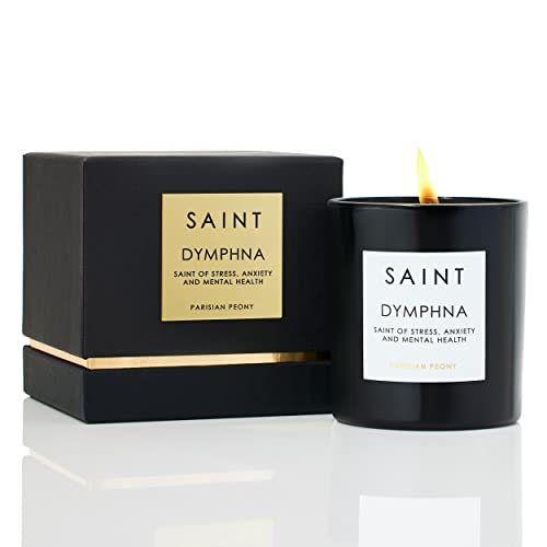 SAINT Dymphna Scented Candle with Prayer, Prayer Coin, and Holy Oil, Saint of Stress, Anxiety, and Mental Health, Soy Coconut Aromatherapy Candle with 50 Hour Burn Time