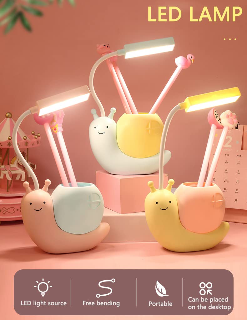 Cute Kids Lamp with Pen Holder,LED Desk Lamp for Child,Snail Shape USB Charging Student Learning Eye Protection Lamp with 360° Bendable Adjustable Neck Yellow