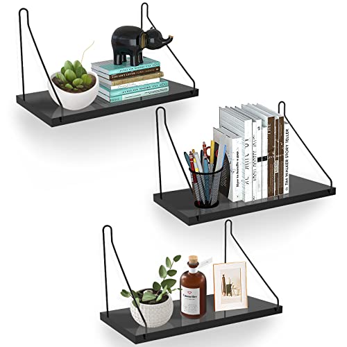 NiHome Set of 3 Small Wooden Floating Shelves, Wall-Mounted Decorative Display Stand with Self-Adhesive Hooks Non-Marking Installation - 11.7"x5.9" Ideal for Home Decor, Organization, Storage (Black)