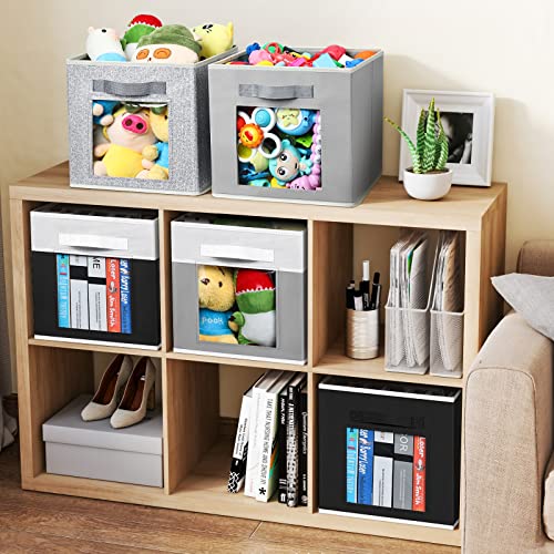 homsorout Cube Storage Bins, Fabric Baskets for Organizing, Closet Storage Cubes with Window, Cube Storage Organizer Bins with Front Handle for Clothes, Books, Sundries, 3 Packs, Grey