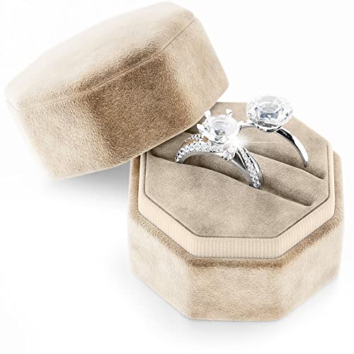 Wantedstuff Marimora Octagonal Velvet Ring Box for Wedding Ceremony | 2-Slots Ring Box | Double Ring Box Holder with Detachable Lid for Proposal, Engagement, Wedding Ceremony (Neutral)