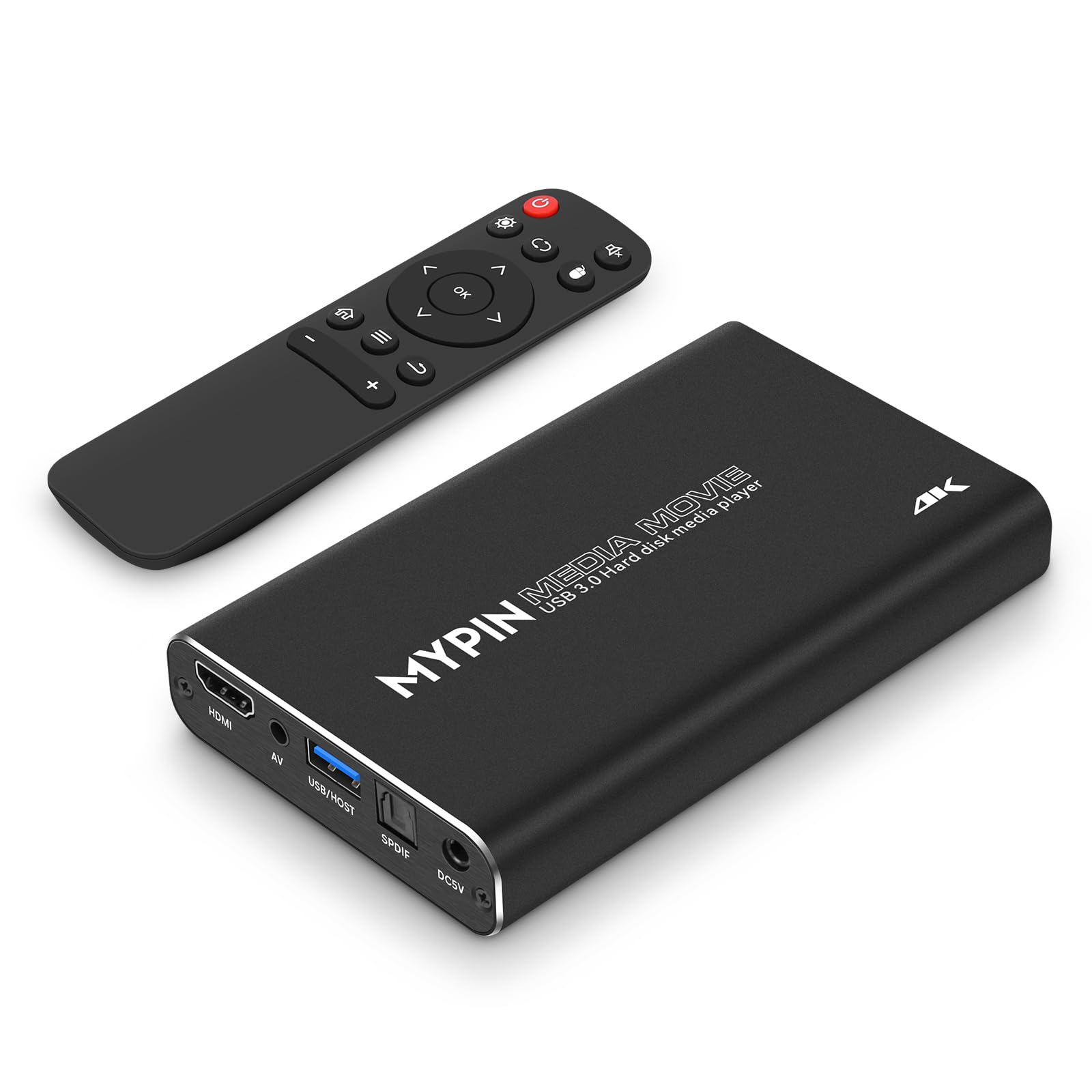 4K@30hz USB3.0 HDMI Media Player with One AV Cable, Support 2.5" SATA HDD with HDMI/AV/Optical Output, for Videos/Music/Photos from USB Drive/SD Card/4 GB Internal or Up to 8TB External HDD