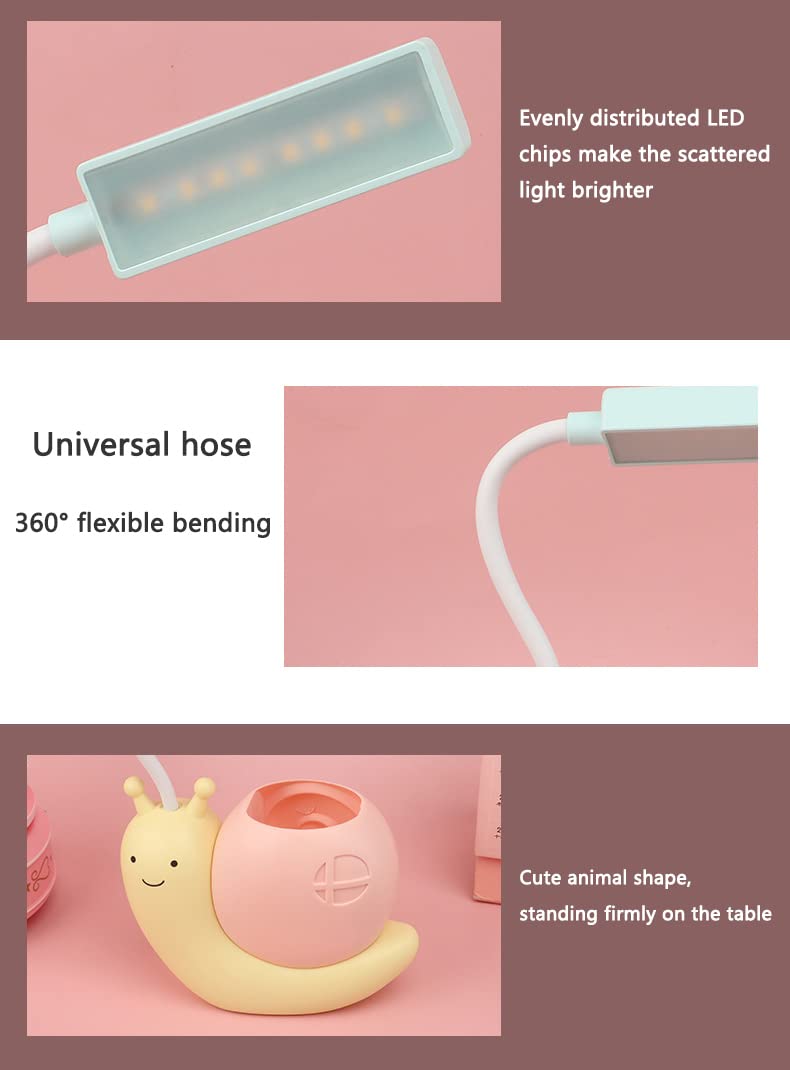 Cute Kids Lamp with Pen Holder,LED Desk Lamp for Child,Snail Shape USB Charging Student Learning Eye Protection Lamp with 360° Bendable Adjustable Neck Yellow