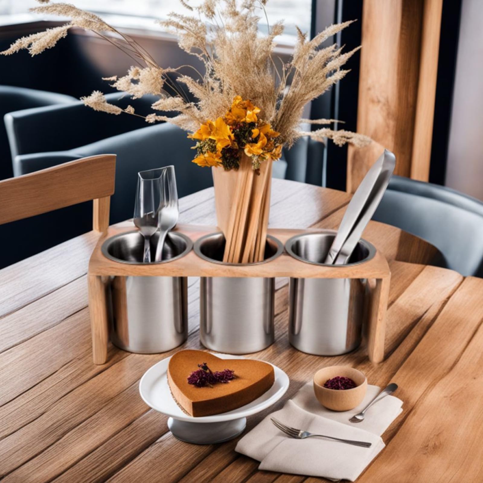 ZOOFOX 3 Pack Silverware Holder, Stainless Steel Utensil Organizer with Wood Base, Flatware Caddy for Spoons, Knives and Forks, Great for Kitchen Table, Cabinet, Pantry