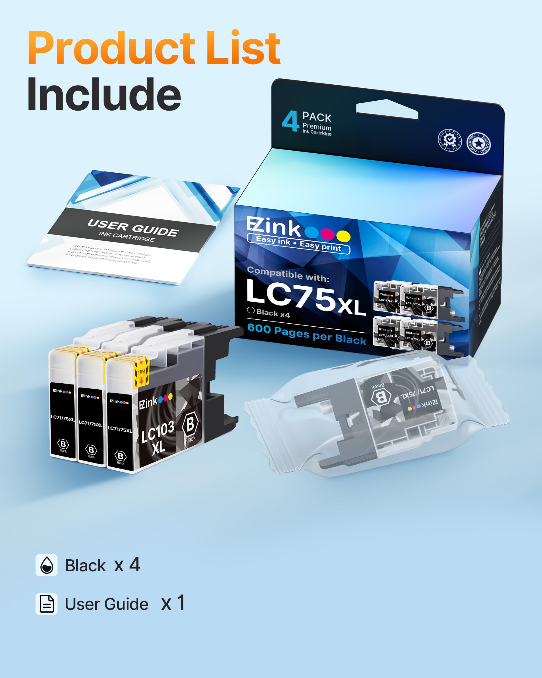 E-Z Ink (TM Compatible Ink Cartridge Replacement for Brother LC-75 XL LC75 XL LC-71 XL LC71XL High Yield Compatible with MFC-J6510DW MFC-J6710DW MFC-J6910DW MFC-J280W MFC-J425W(Black,4 Pack)