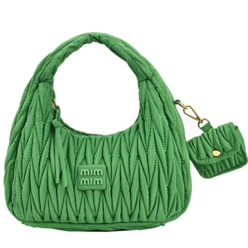 Quilted Nylon Hobo Handbag Purse Pleated Thread Design Clutch Purse Bags For Women Cute Trendy Tote With Coin Purse (Green)