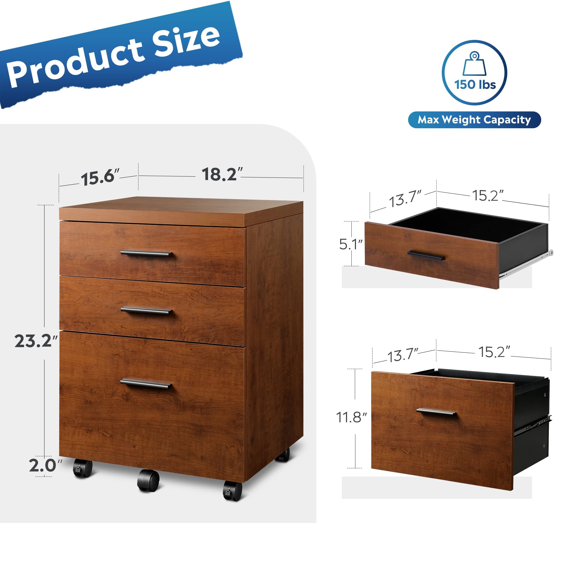 DEVAISE 3 Drawer File Cabinet for Home Office, Wood Under Desk Filing Cabinet, Rolling Printer Stand with Wheels, Walnut
