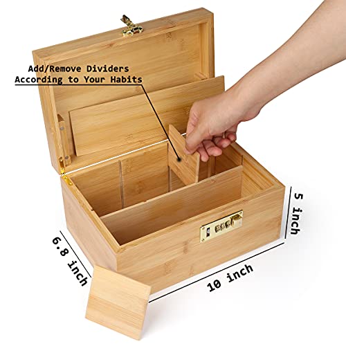 OZCHIN Large Bamboo Box with Combination Lock Decorative box for Home Locking Storage Bamboo Box with Glass Jar (L)