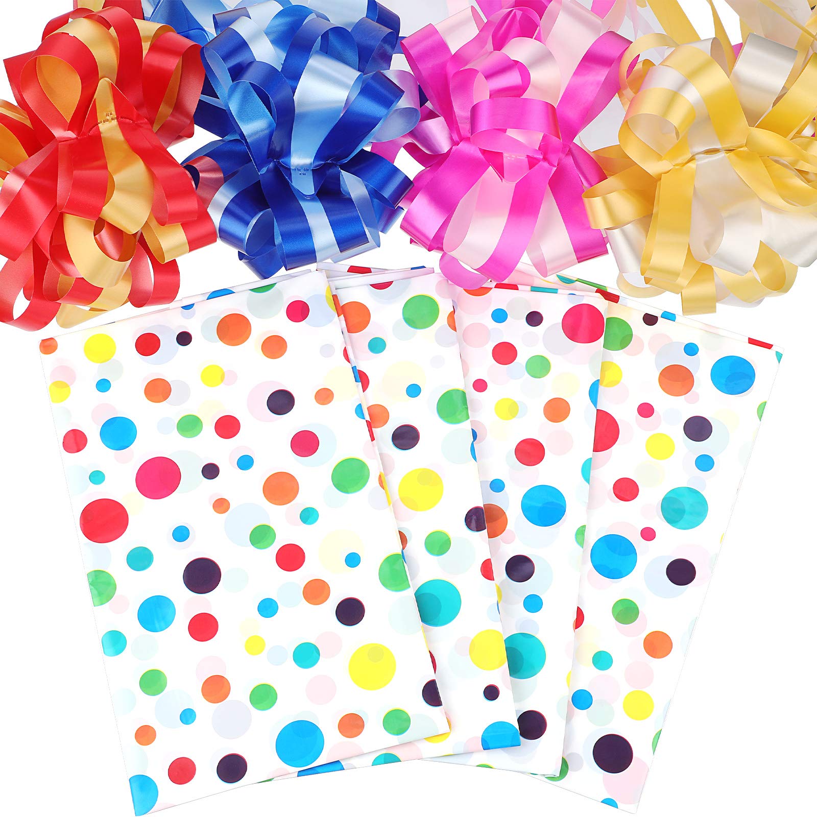 Outus 4 Pieces 48 Inch Extra Large Gift Bags (36 x 48 Inch) Jumbo Plastic Dot Bags Oversized Wrapping Bags with 4 Pieces Pull Flowers for Birthday Wedding Christmas Party (Multi-Color)