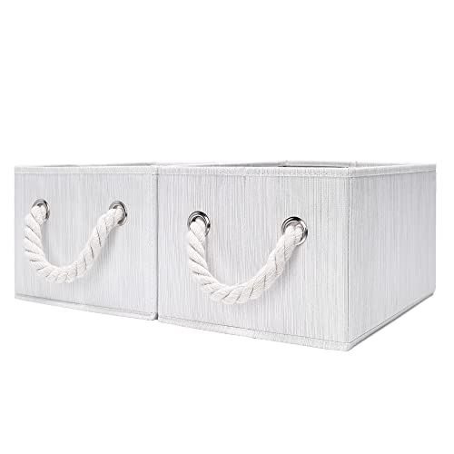 Foldable Fabric Storage Bin w/Cotton Rope Handles, Ivory (11L), 2-Pack