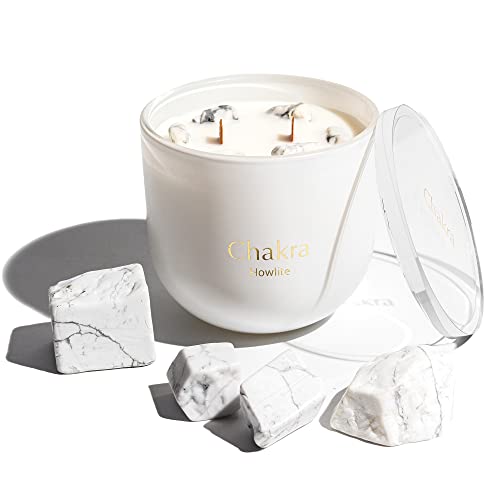 Hidden Label 12oz Howlite Quartz Coconut Lime Crystal Candle, 2 Wood Wicks Scented Crackling Candles, Chakra Collection Meditation Healing Candles with Crystals Inside