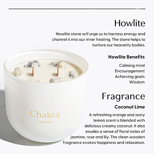 Hidden Label 12oz Howlite Quartz Coconut Lime Crystal Candle, 2 Wood Wicks Scented Crackling Candles, Chakra Collection Meditation Healing Candles with Crystals Inside
