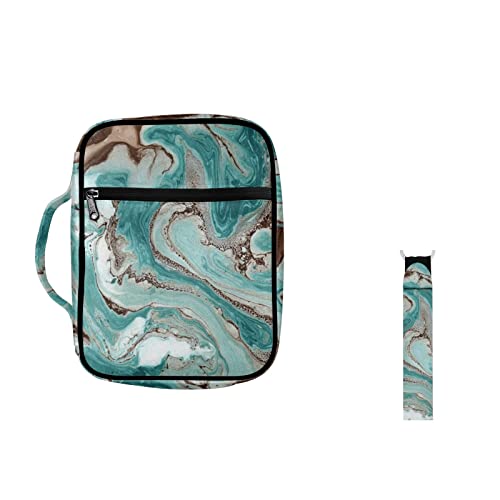 FUSURIRE Teal Marble Pattern Bible Cover with Keychain 2 PCS Bible Case and Wrist Lanyard Key Chain Large Bible Bag Carrying Book Case Bible Tote Bag with Zipper Pocket for Bible Study