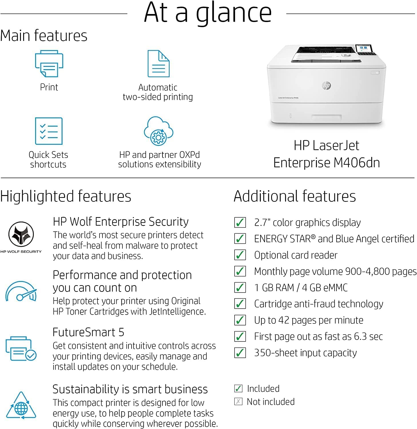 HP Laserjet Enterprise M406dn Wired Monochrome Laser Printer, Black and White - Print Only - 2.7" LCD, 42 ppm, 1200 x 1200 dpi, Automatic Duplex Printing, USB, Ethernet, Cbmou Printer Cable