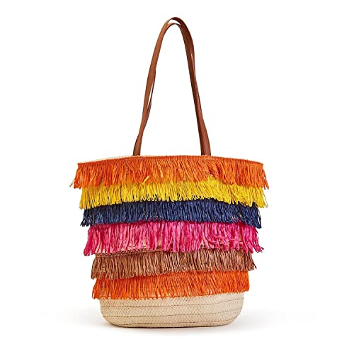 Two's Company Woven Tote Bag with Colorful Fringe
