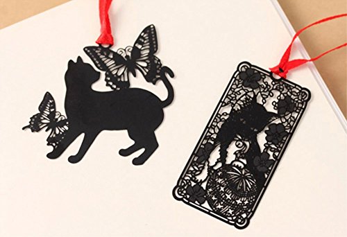 yueton Pack of 9 Creative Black Cat Metal Bookmark with Red Strap