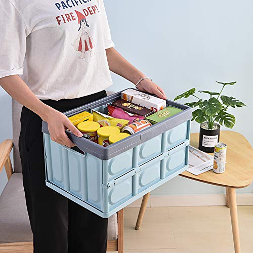 jocabo Collapsible Storage Box with lid 30L Lidded Bin Crates Plastic Tote Container Stackable Folding Utility for Clothes, Toy, Books ,Snack, Shoe -Blue