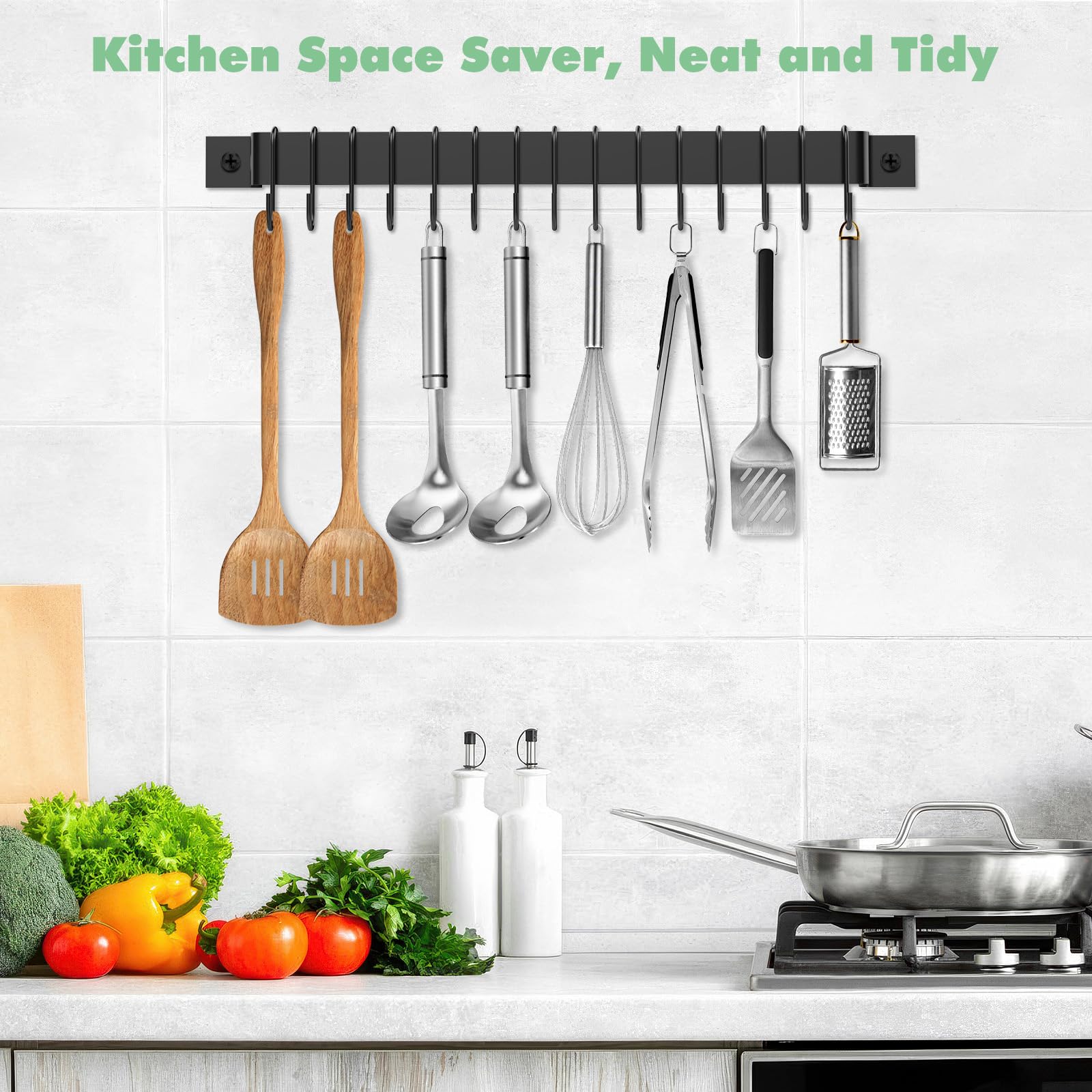 Housolution Kitchen Rail with 15 Hooks, 16 Inch Kitchen Utensil Hanger Utensil Rack Wall Mounted Hanging Utensil Holder for Kitchen, Black