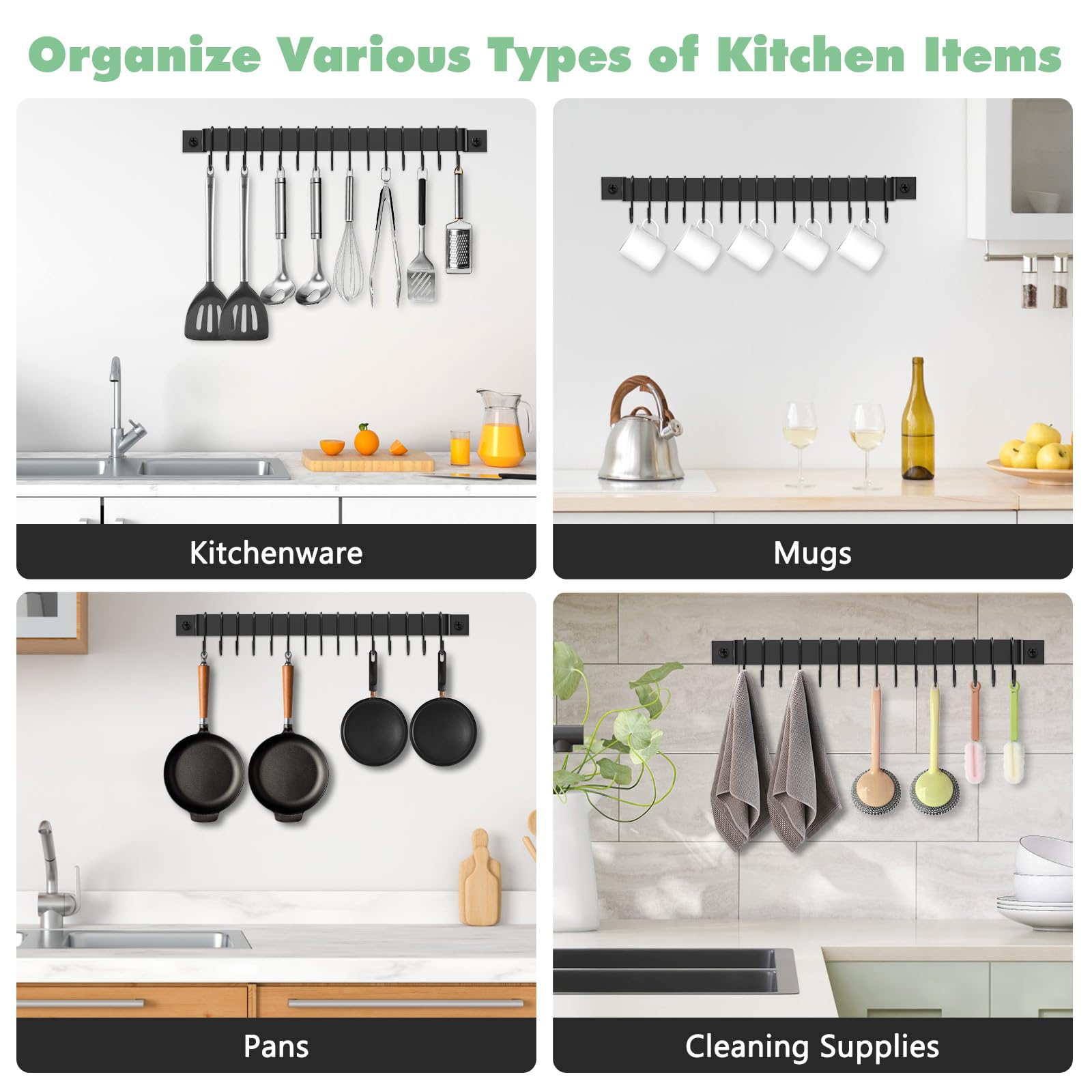 Housolution Kitchen Rail with 15 Hooks, 16 Inch Kitchen Utensil Hanger Utensil Rack Wall Mounted Hanging Utensil Holder for Kitchen, Black