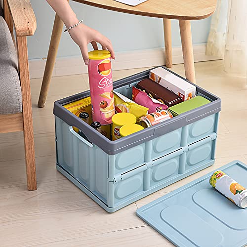jocabo Collapsible Storage Box with lid 30L Lidded Bin Crates Plastic Tote Container Stackable Folding Utility for Clothes, Toy, Books ,Snack, Shoe -Blue