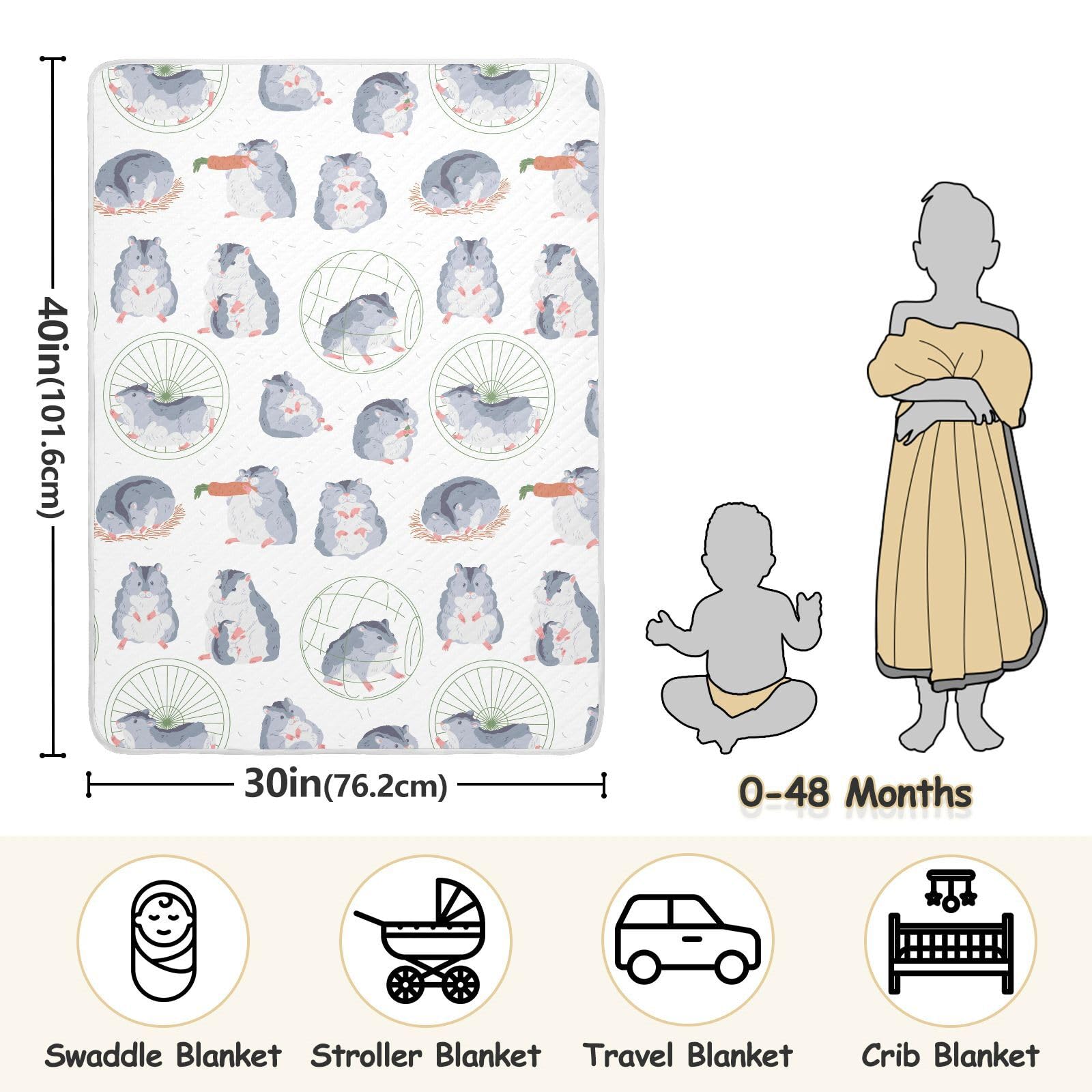 Nnamluu 30"X40" Baby Cotton Blanket Cute Gray Hamster Nursery Blankets for Infants Receiving Blanket Swaddle Blanket