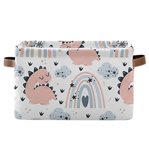 Pink Dinosaur Storage Basket Set of 2 Large Fabric Rainbow Storage Basket Bins Box Cube with Handles Collapsible Closet Shelf Clothes Organizer Basket for Nursery Bedroom