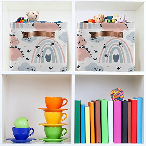 Pink Dinosaur Storage Basket Set of 2 Large Fabric Rainbow Storage Basket Bins Box Cube with Handles Collapsible Closet Shelf Clothes Organizer Basket for Nursery Bedroom