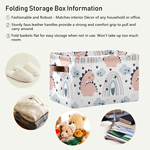 Pink Dinosaur Storage Basket Set of 2 Large Fabric Rainbow Storage Basket Bins Box Cube with Handles Collapsible Closet Shelf Clothes Organizer Basket for Nursery Bedroom
