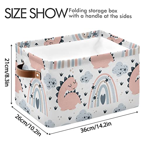 Pink Dinosaur Storage Basket Set of 2 Large Fabric Rainbow Storage Basket Bins Box Cube with Handles Collapsible Closet Shelf Clothes Organizer Basket for Nursery Bedroom