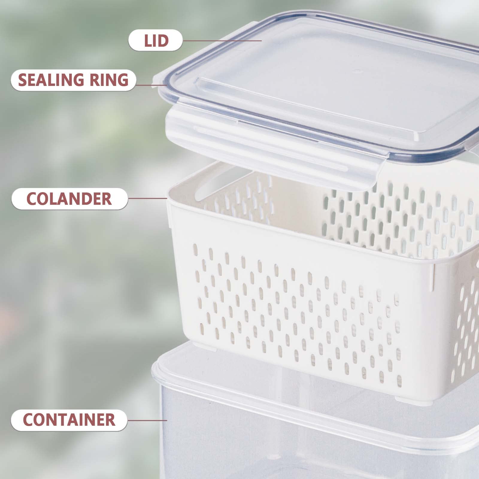 Fruit Storage Containers For Fridge Organizer Vegetable Fresh Food Keeper Produce Saver Refrigerator Reusable 4 Pack Box Multi-Size Large Capacity with Lid & Colander for Home Kicthen Travel Set
