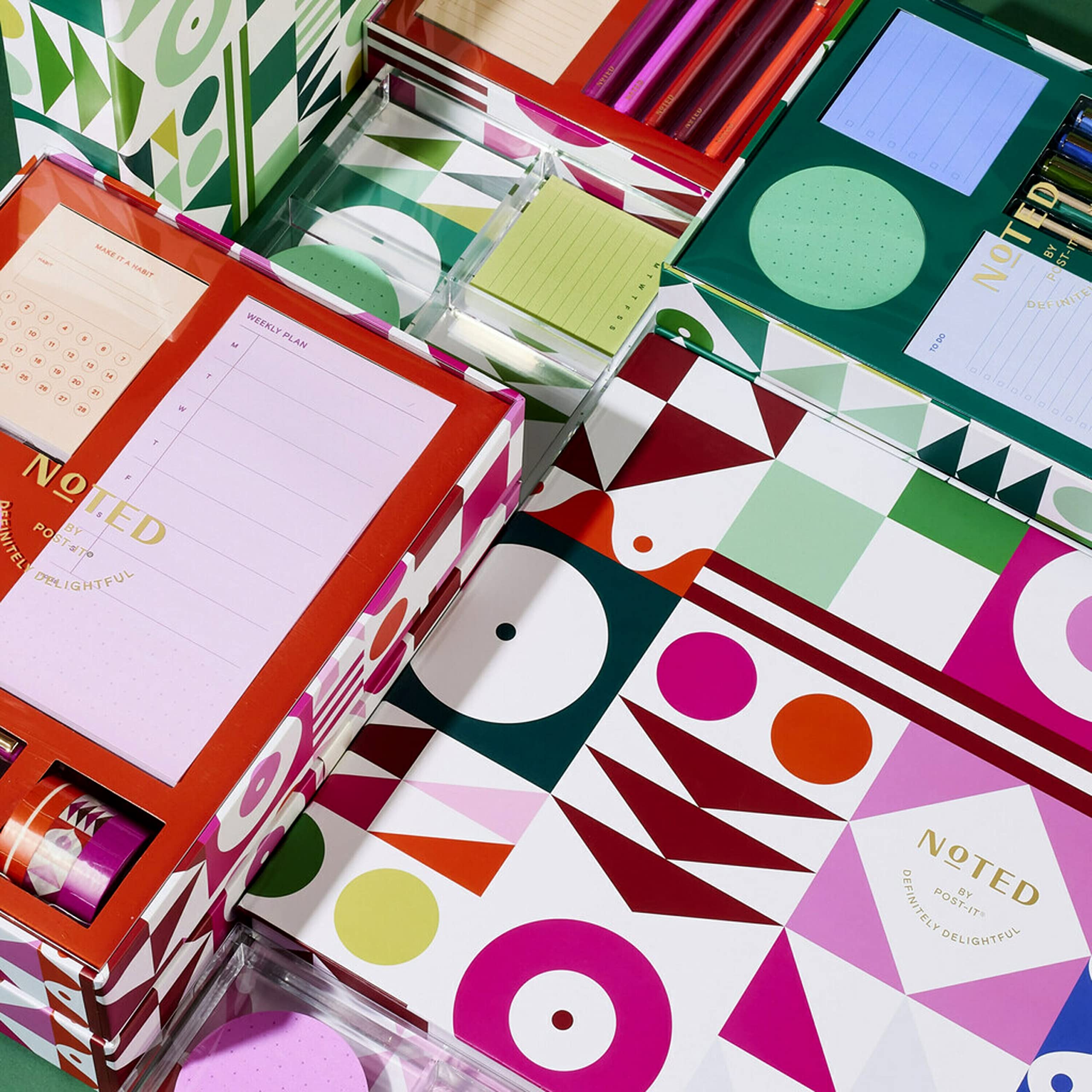 Noted by Post-it Printed Notes Gift Box, 5 Piece Set, Warm Colors, Includes Round Sticky Notes, Habit Tracker Sticky Notes, Weekly Sticky Notes, 3-Pack Pens, 3-Pack Washi Tape (NTD-Box-LRD)