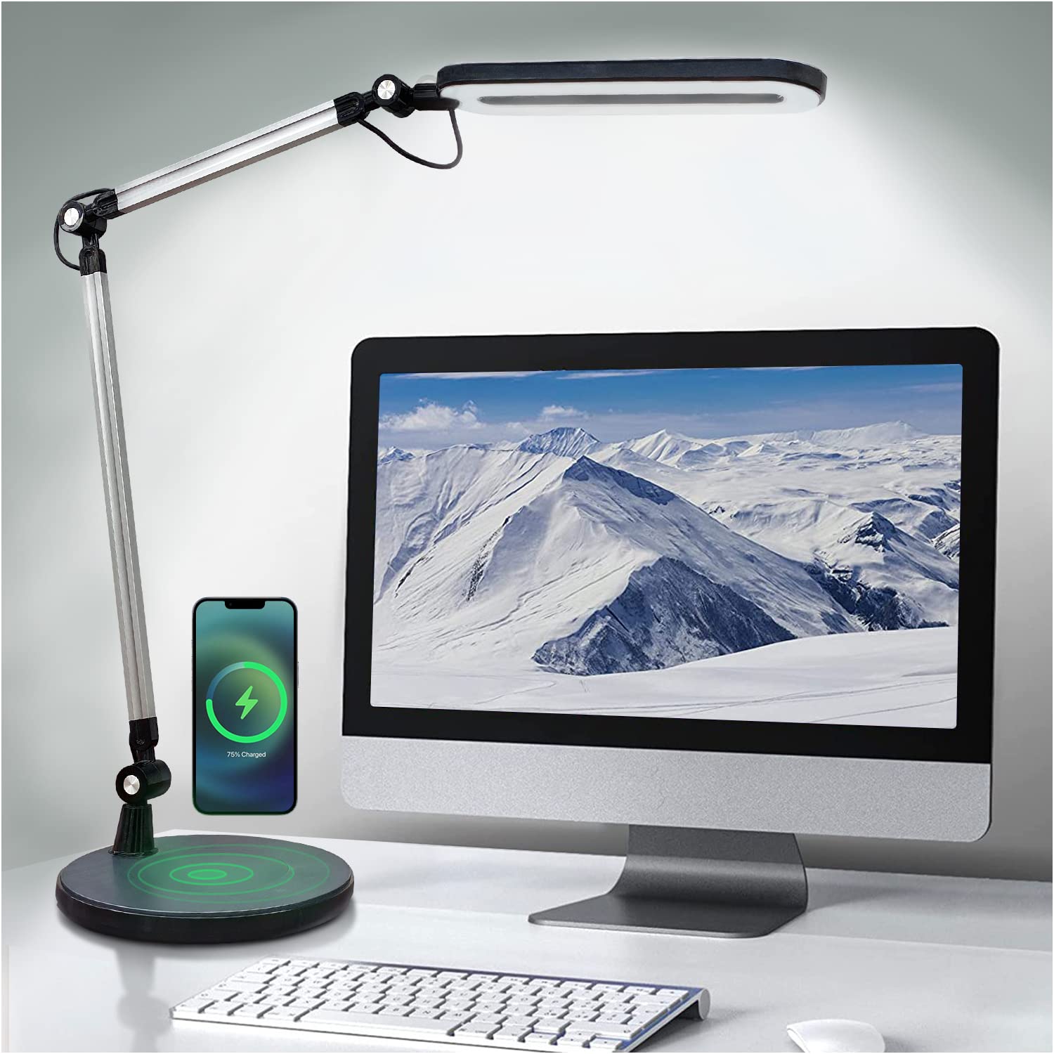 OTUS [2in1] LED Desk Lamp for Home Office with Wireless Charger, Architect LED Desk Light for Study, Reading, Working, Adjustable Tall Swing Arm Table Light, Dimmable Brightness, 3 Color Modes
