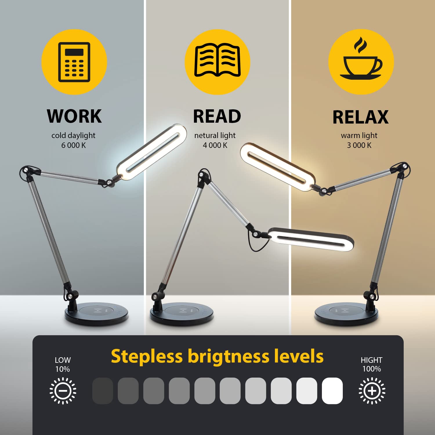 OTUS [2in1] LED Desk Lamp for Home Office with Wireless Charger, Architect LED Desk Light for Study, Reading, Working, Adjustable Tall Swing Arm Table Light, Dimmable Brightness, 3 Color Modes