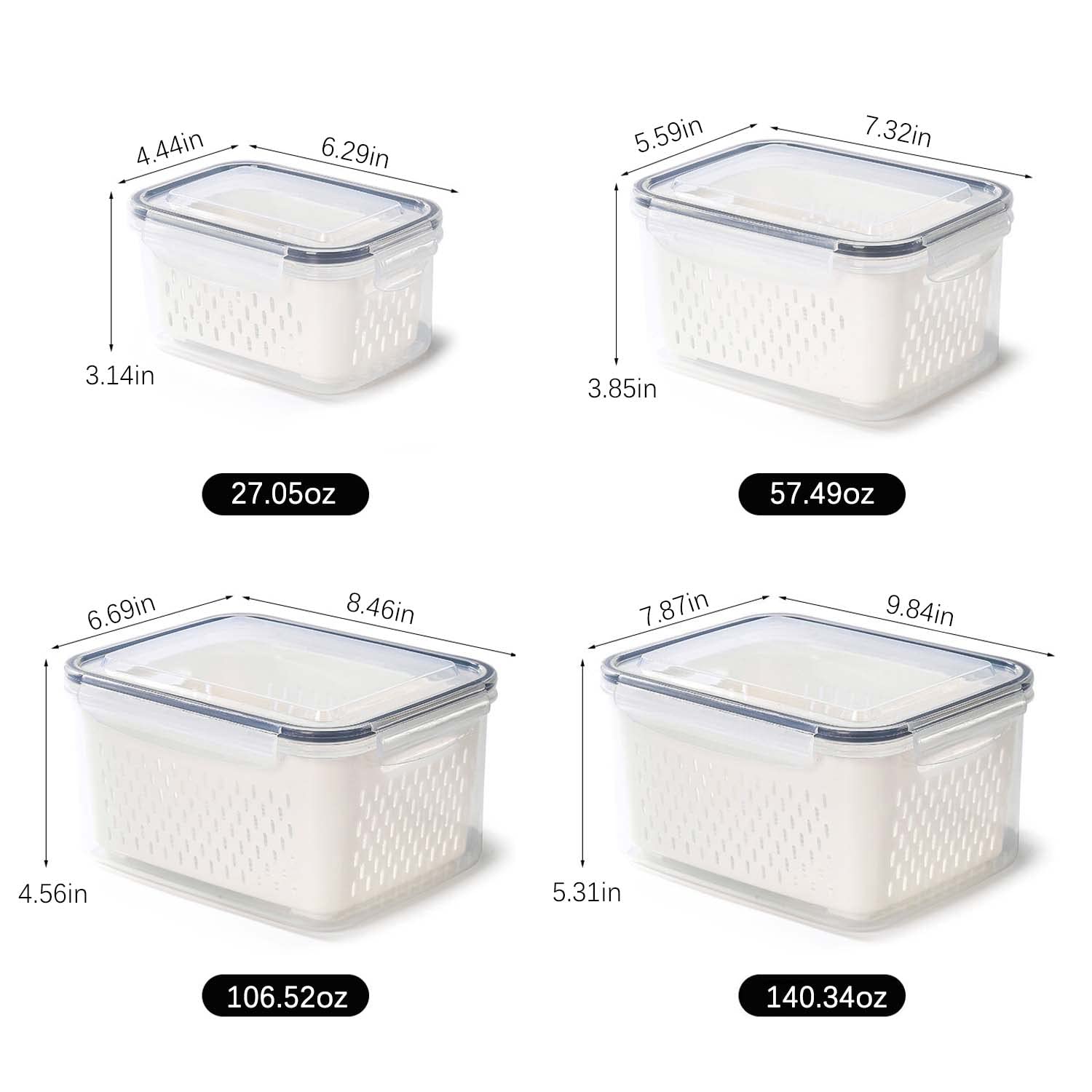 Fruit Storage Containers For Fridge Organizer Vegetable Fresh Food Keeper Produce Saver Refrigerator Reusable 4 Pack Box Multi-Size Large Capacity with Lid & Colander for Home Kicthen Travel Set