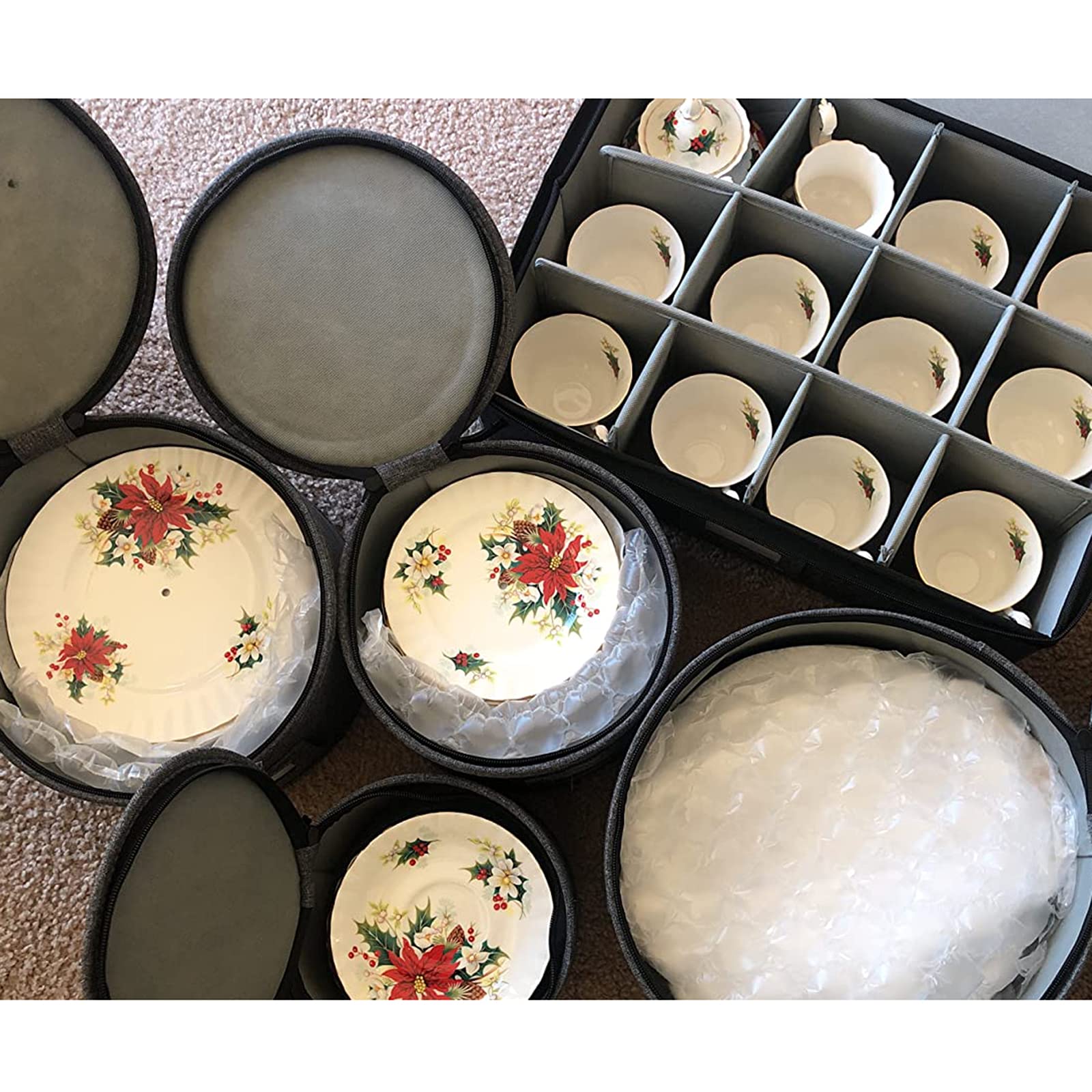 TOPZEA Set of 5 China Storage Containers, Dinnerware Storage Containers Hard Shell Stackable Moving Boxes Protectors for Dishes, Cups, Mugs and Plates, Felt Plate Dividers Included, Grey