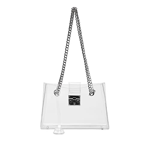 Leanoria Designer Clear Purse Tote Bag with Lock Chain Stadium Approved Clear PVC Plastic Bag Transparent See Through Handbag for Work (Silver)