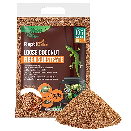 ReptiCasa Loose Coconut Substrate Husk Fibers, 10.5 Quarts Bag, Clean Natural Terrarium Bedding for Reptiles, Amphibians, or Invertebrates, Waste, Liquid and Odor Absorbent