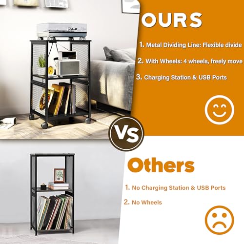 TC-HOMENY Vinyl Record Storage Table, 3-Tier Record Player Stand with 3 Quick-Release Divider Up to 200 Albums, Fashion Turntable Stand for Bedroom Living Room and Office