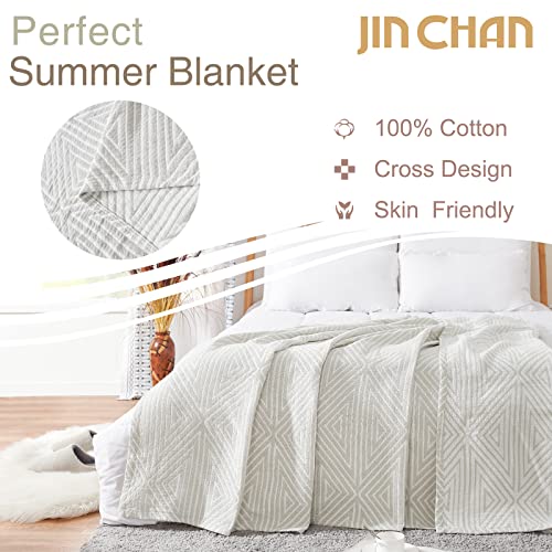 jinchan Cotton Throw Blanket Grey Throw Blanket for Couch Cozy Blanket Cotton Twin Size Bed Throw 3 Layer Spring Blanket Gray Coverlet Geometric Quilt Soft Blanket Baby Kid Gift 60x80 Inch